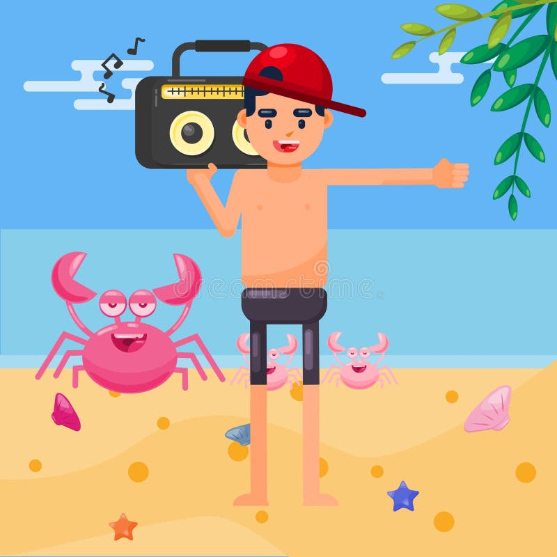 Cool Boy in Summer Time with Crab in the Beach Stock Vector ...