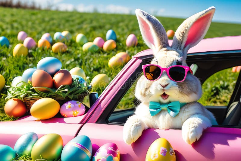 Cool Bunny on a Car with Decorated Eggs - Easter Card Stock Image ...