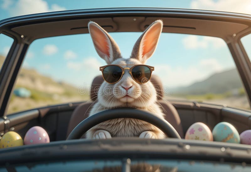 Cool Bunny Driving Car with Easter Eggs, Funny Rabbit on Holiday Road ...