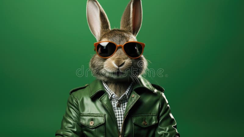 Cool Bunny in Green Leather Jacket and Sunglasses on Green Background ...