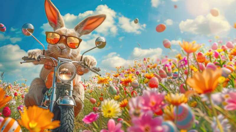 A Cool Bunny is Racing on Bike through Magical Blooming Meadow with ...