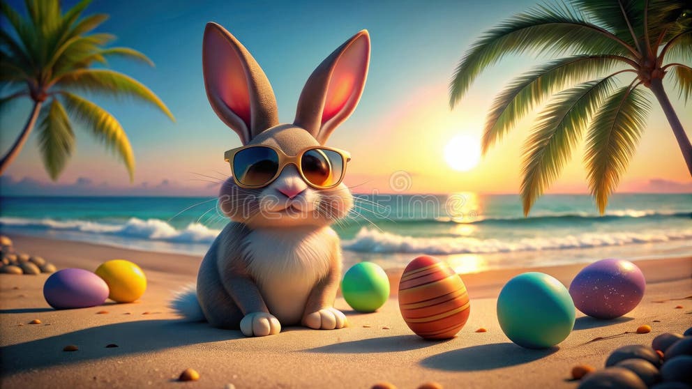 A Cool Bunny S Tropical Easter Celebration on a Sandy Shore at Sunset ...
