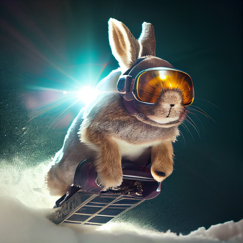 Cool Bunny in Ski Goggles Rides a Snowboard. Illustration Generative AI ...