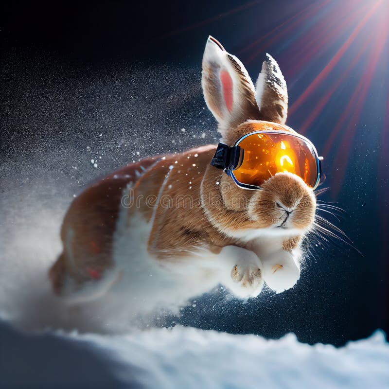 Cool Bunny in Ski Goggles Rides a Snowboard. Illustration Generative AI ...