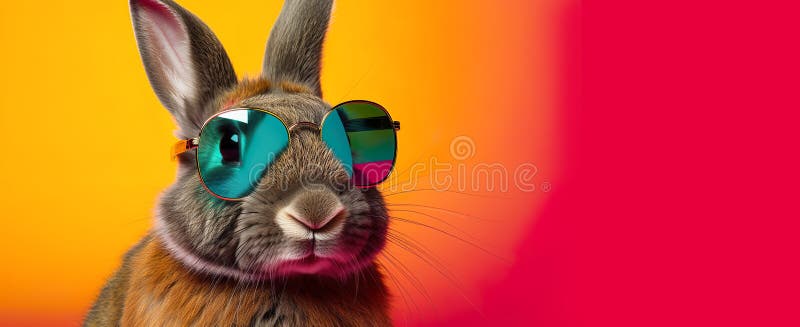 Cool Bunny with Sunglasses on Colorful Background Banner with Copy ...