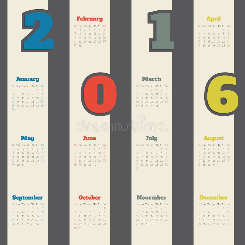 Cool Calendar with Colorful Numbers for 2016 Stock Illustration ...