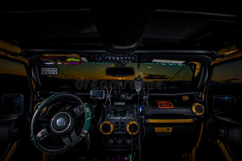 Cool Car Salon with a Sunset View from a Windshield Stock Photo - Image ...
