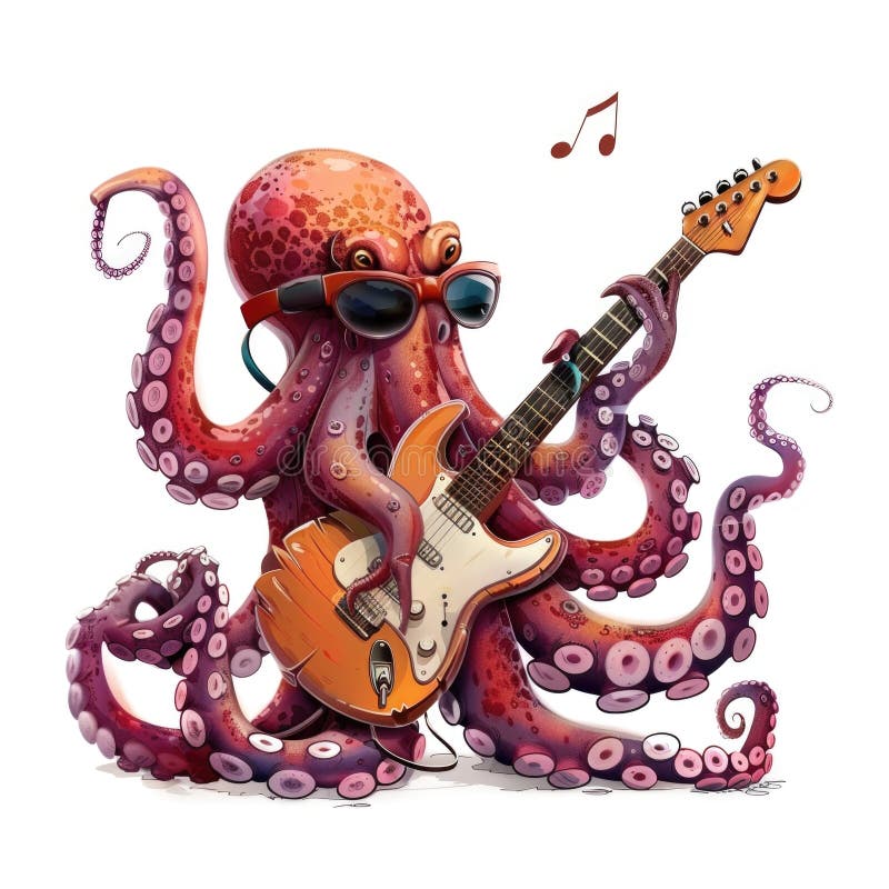 Cool Cartoon Octopus Playing Electric Guitar with Sunglasses Stock ...