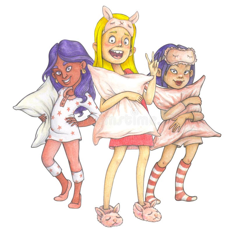 Cool Cartoon Young Girls In Pajamas Ready For Pajama Party Or