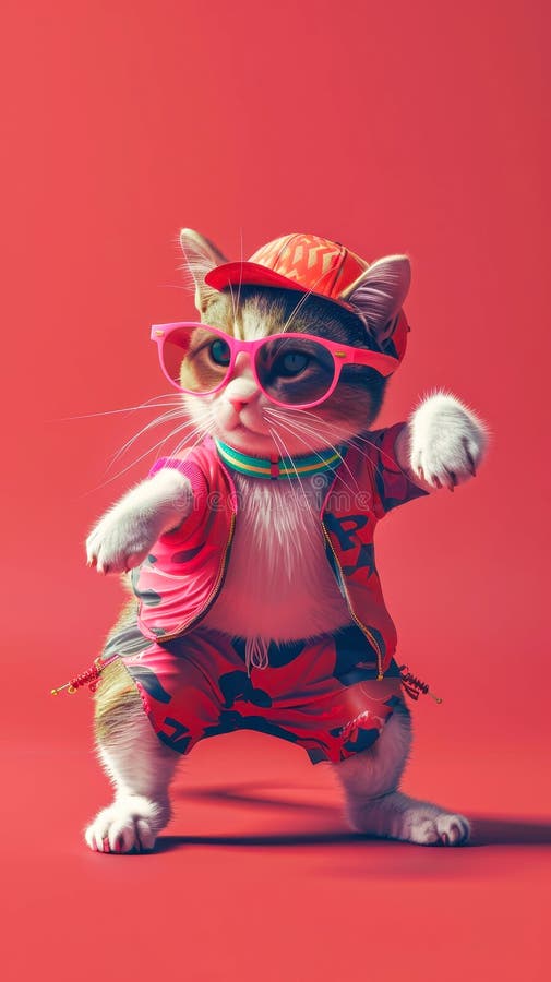 Cool Cat Dancing in Red Sunglasses and Floral Shorts Stock Image ...