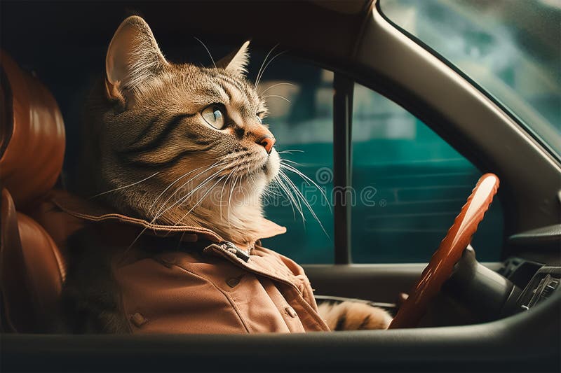 Cool Cat Driver Wearing Brown Jacket in Modern Car, Generative AI Stock ...