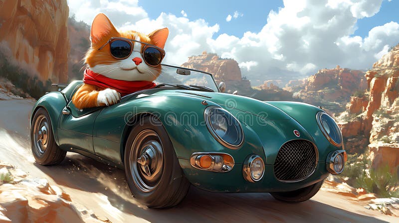 Cool Cat Driving Classic Car on Desert Road Stock Illustration ...