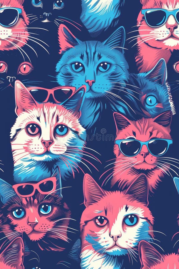 Cool Cat Pattern with Sunglasses on a Navy Blue Background Stock Image ...