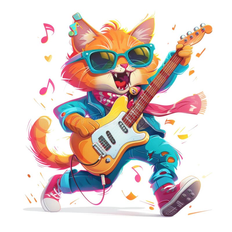 Cool Cat Playing Electric Guitar in Denim Jacket and Sunglasses Stock ...