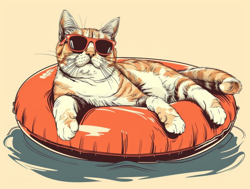 Cool Cat Relaxing on Inflatable Pool Float in Sunglasses - Retro Style ...