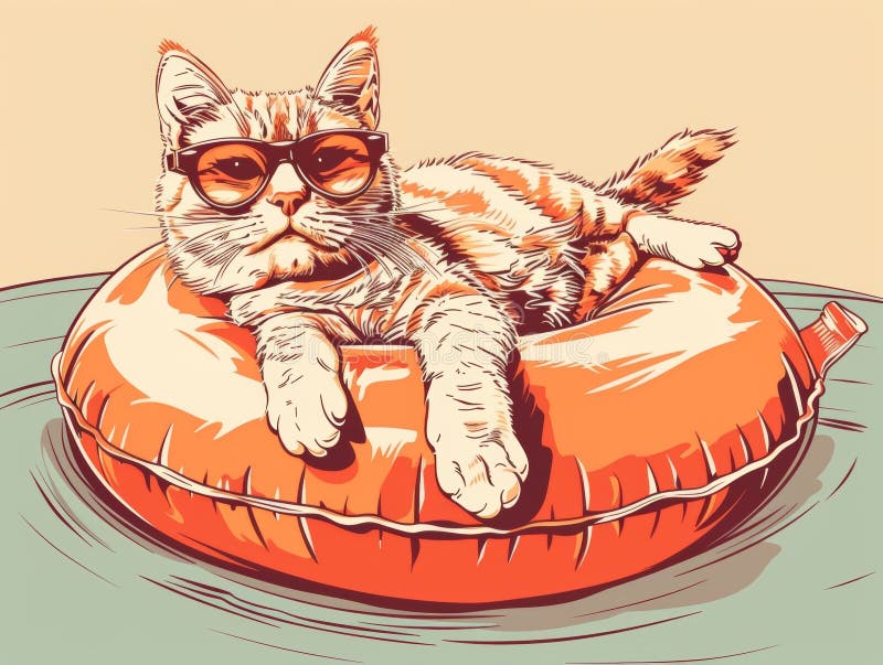 Cool Cat Relaxing on Inflatable Pool Float in Sunglasses - Retro Style ...