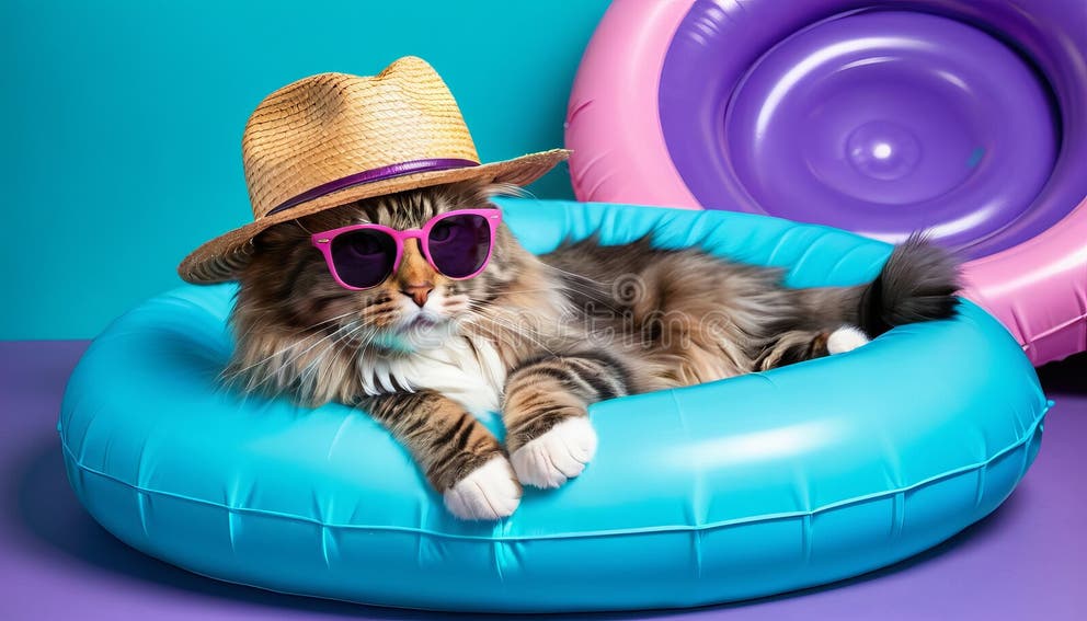 Cool Cat Relaxing in Inflatable Pool with Sunglasses and Straw Hat ...