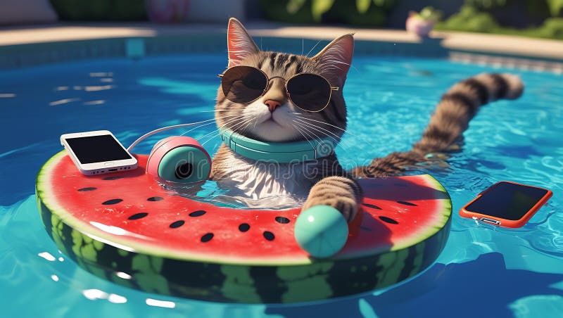 Cool Cat Relaxing in Pool with Watermelon Float and Tech Stock Illustration - Illustration of ...