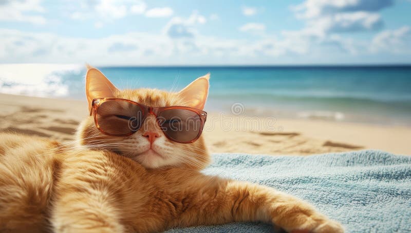 A Cool Cat is Spending Its Summer Vacation Sunbathing on the Beach in ...