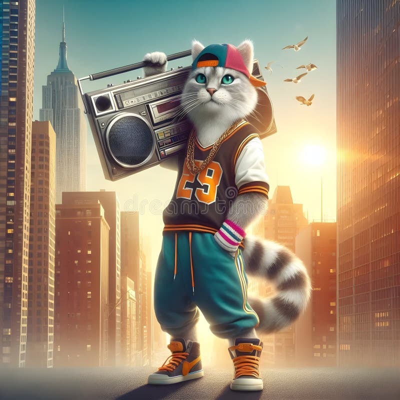 Cool cat wearing a boombox stock illustration. Illustration of fiction ...