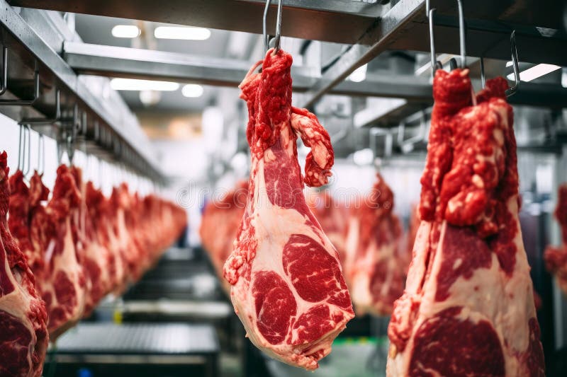 In the Cool Chamber: Rows of Hanging Meat Cuts Stock Illustration ...