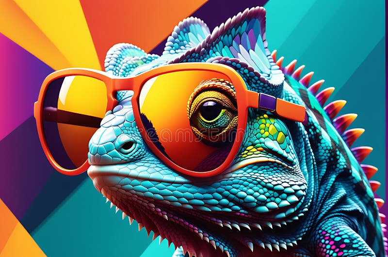 Cool Chameleon: Sunglasses-Clad Reptile on a Vibrant Solid Hue Backdrop ...