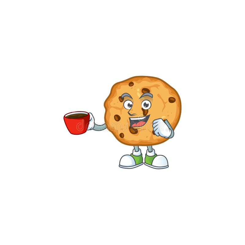 Cool Chocolate Chips Cookies Cartoon Character with a Cup of Coffee ...