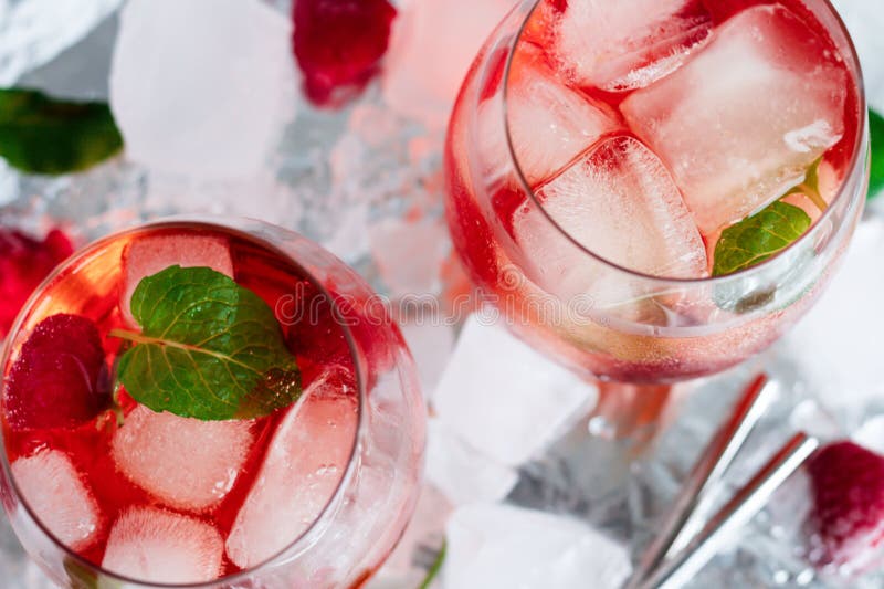 Cool Cocktail with Ice and Mint and Raspberry. Summer. Stock Image ...