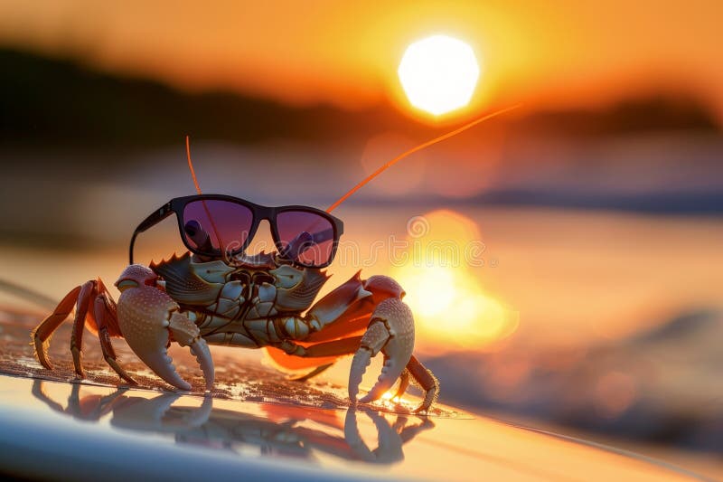 Cool Crab on a Surfboard with Sunglasses at Sunset Stock Image - Image ...