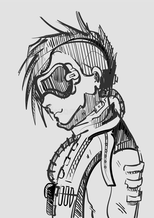 Cool Cyberpunk Guy in a Leather Jacket and Glasses Sketch Vector ...