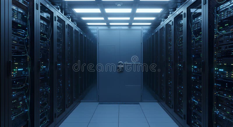 Cool Data Center with Rows of Servers and Locked Door in a Secured ...
