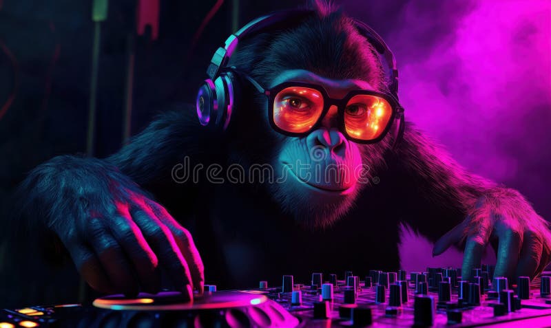 Cool DJ Monkey with Glasses Mixing Music in Vibrant Neon Lights Stock ...