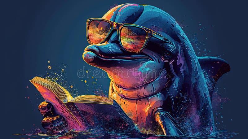 Cool Dolphin Reading a Book Stock Illustration - Illustration of smart ...