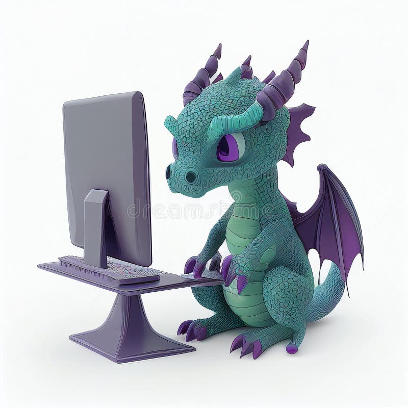 Cool Dragon Uses Computer. AI Generated. Stock Illustration ...