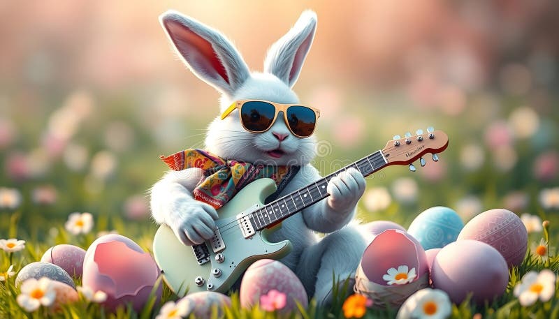 Cool Easter Bunny Rocking Out in a Field of Eggs Stock Illustration ...