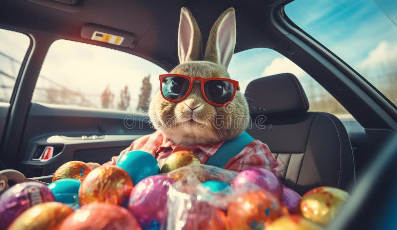 Cool Easter Bunny in Sunglasses with His Eggs Sitting in the Car ...