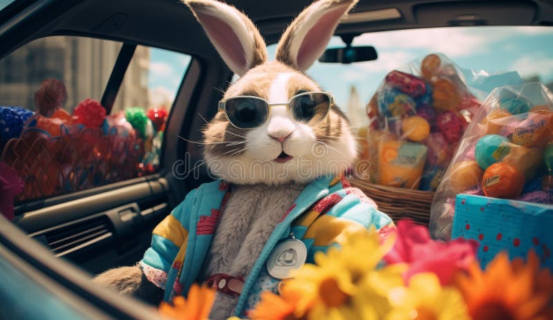 Cool Easter Bunny in Sunglasses with His Eggs Sitting in the Car ...