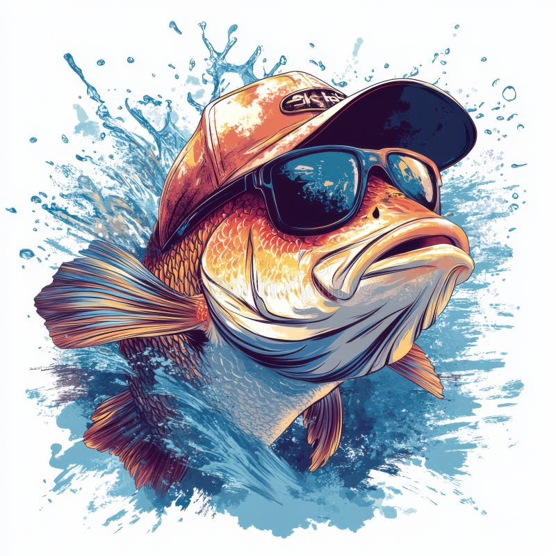 Cool Fish Wearing Sunglasses and Cap Splashing Water Stock Illustration ...