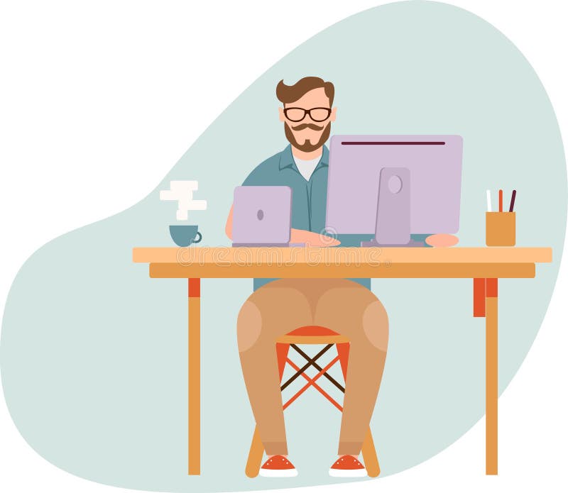 Cool Flat Design of a Freelance Worker. Man Business. a Man Sitting on ...