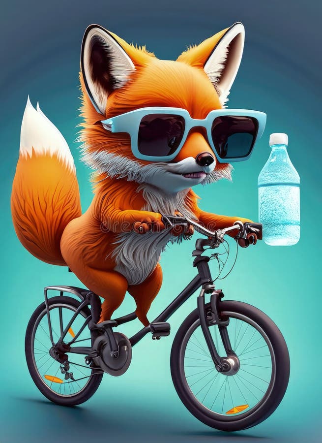 Funny Fox Riding a Bicycle with a Bottle of Water in His Hand Stock ...