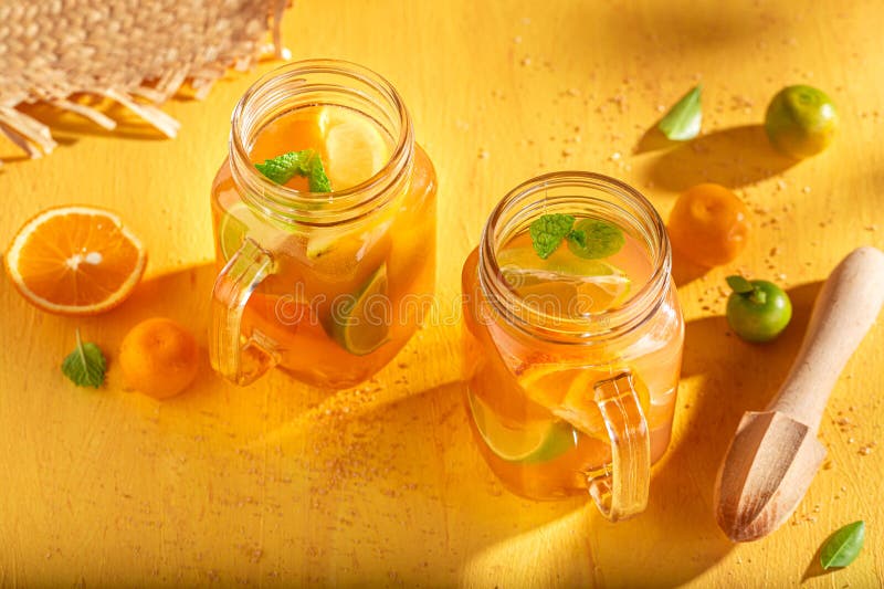Cool Freshly Lemonade with Ice on Yellow Wooden Table Stock Image ...
