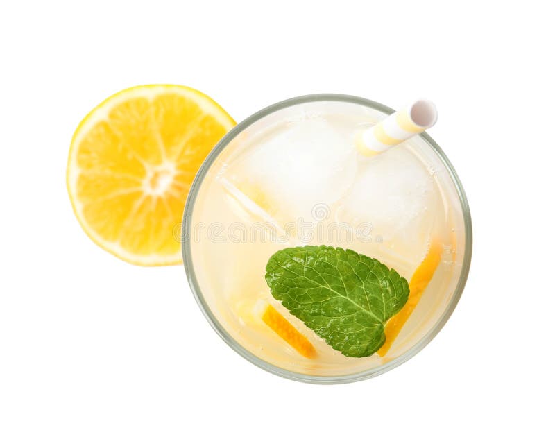 Cool Freshly Made Lemonade in Glass Isolated on White, Top View Stock ...