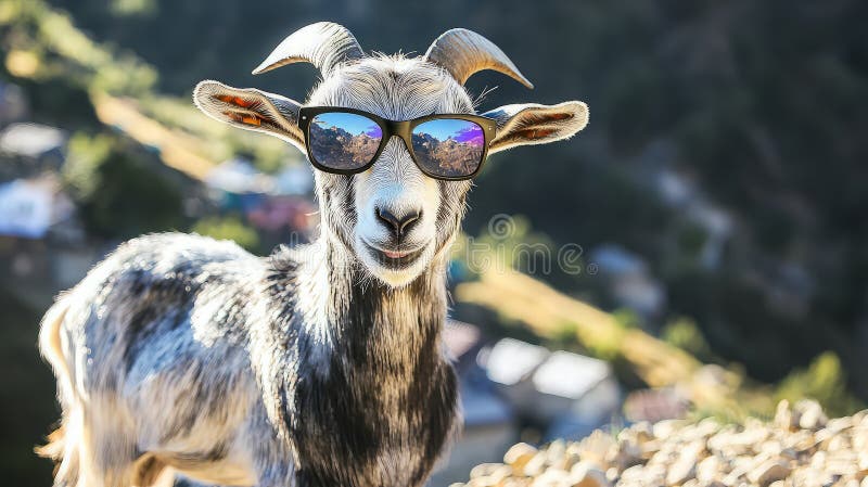 Cool Goat Wearing Sunglasses Outdoors Stock Image - Image of mountains ...