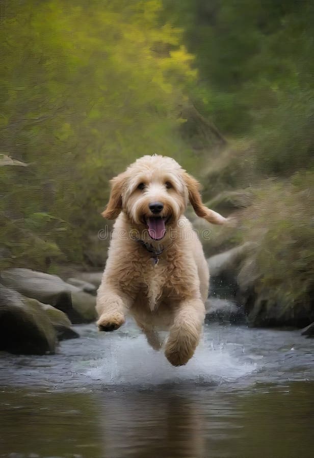 A Cool Goldendoodle with a Joyful Bounce Leaping Over a Stream Stock ...