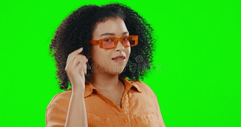 Cool Green Screen And Woman Looking Over Sunglasses For Fashion Style