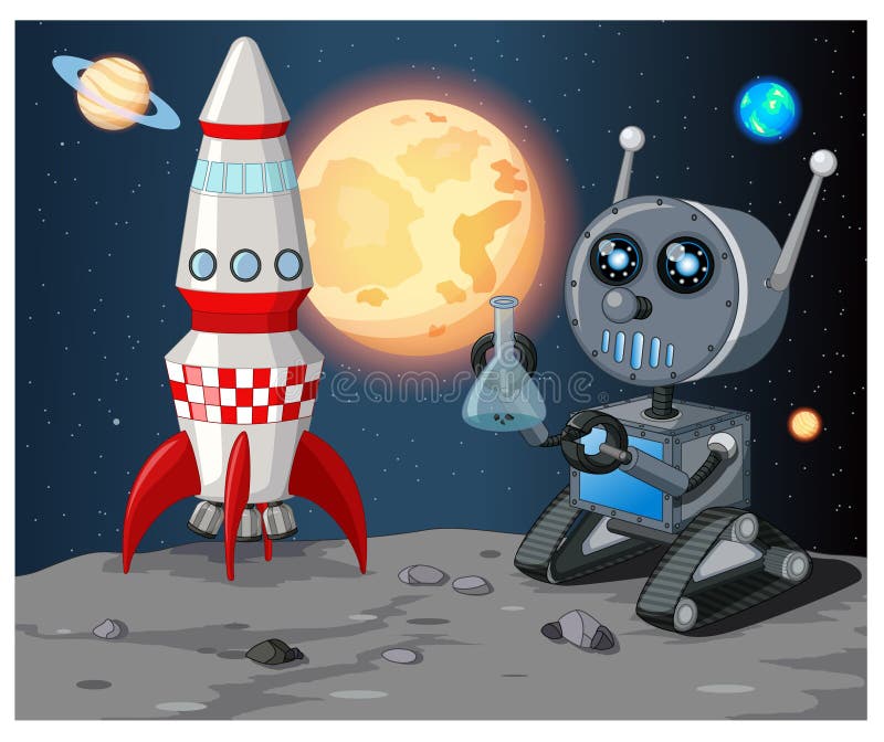 Cool Grey Robot with Rocket Airplane Shuttle in Moon Surface Doing ...