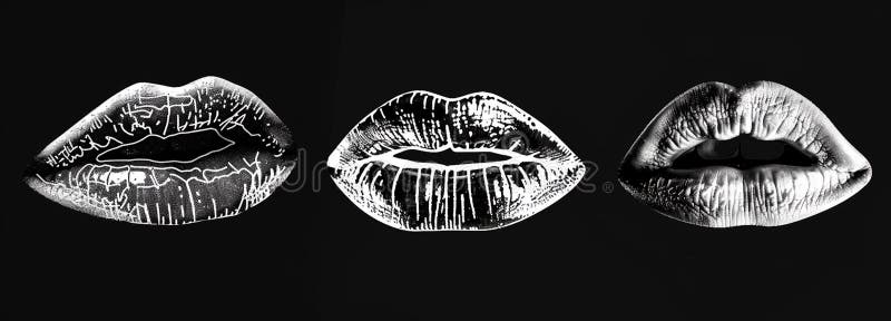 Cool Grungy Y2k Lips Set Negative Photocopy Effect Isolated on Black ...