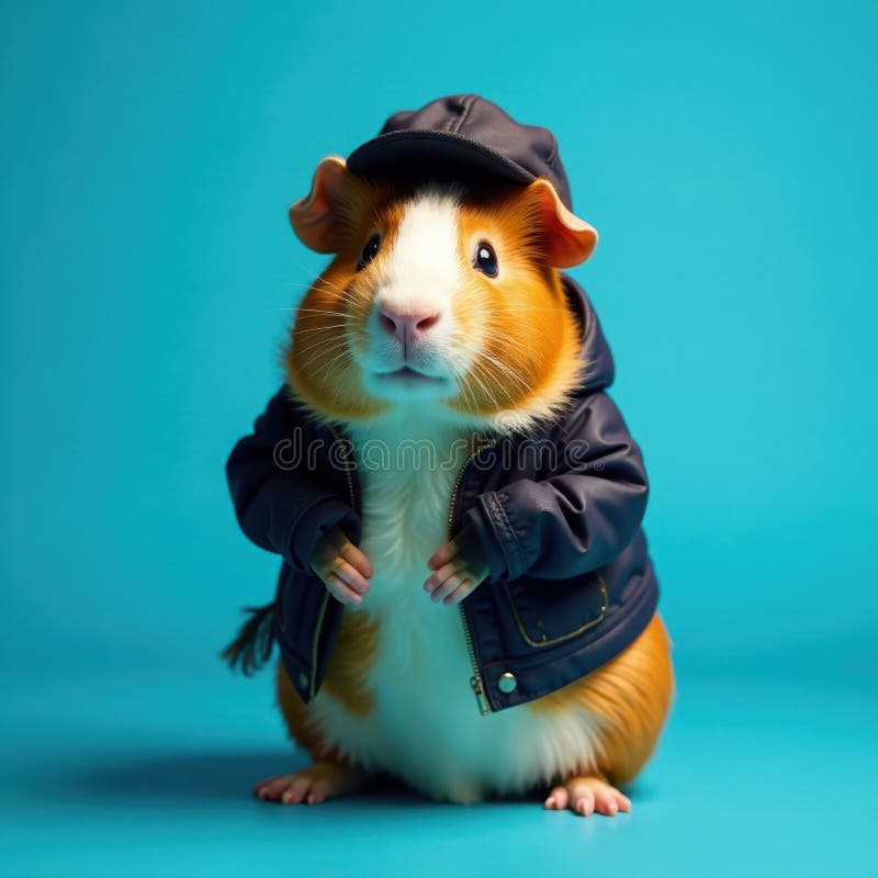 Cool Guinea Pig in Biker Jacket and Cap, Posing Dramatically Against ...