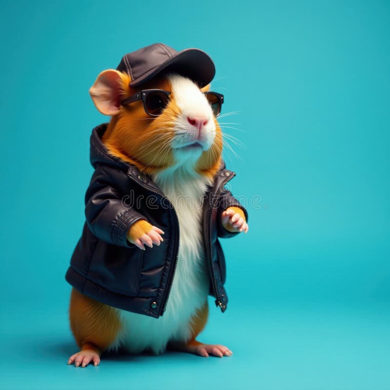 Cool Guinea Pig in Biker Jacket and Cap, Posing Dramatically Against ...