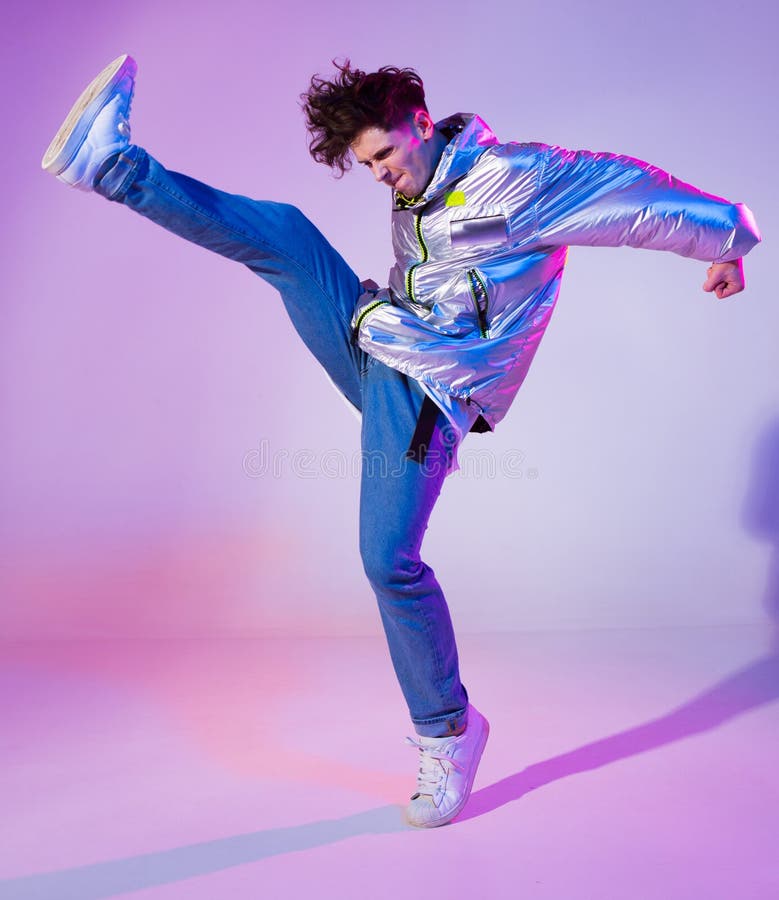 Cool Guy Dancing Contemporary Dance In Studio. Neon Light Background ...